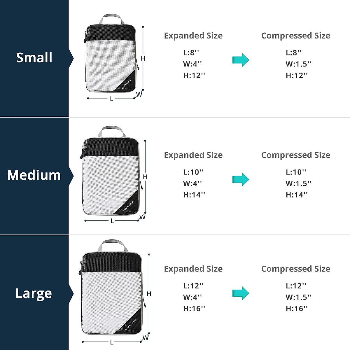 NICOSHOW 3 Set Compression Packing Cubes, Packing Cubes for Travel Compression, Compressible Packing Cubes Travel Essentials, Packing Organizers for Carry-on Luggage Suitcase, Black
