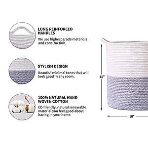 MRECHIR 2pc Large Woven Cotton Rope Basket with Handles 18" x 15" Laundry Hamper - Blanket Basket Living Room - Basket for Toys-Decorative Baskets for Storage - Pillow Basket - White&Grey