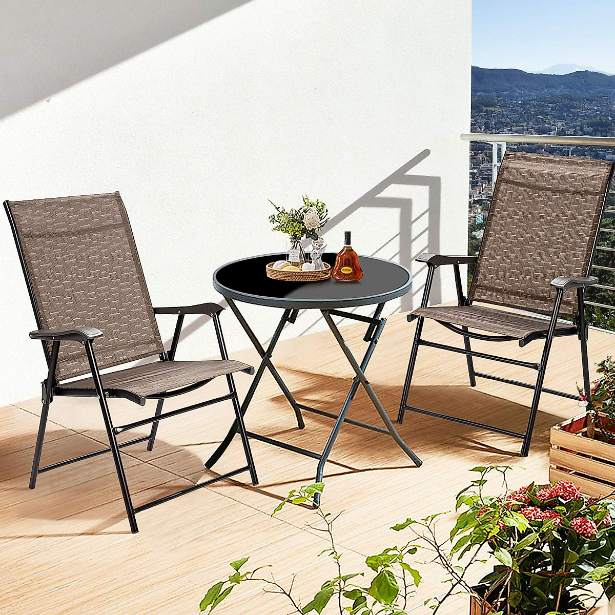 Tangkula Set of 2 Outdoor Patio Chair Space Saving Stackable Portable Steel Frame Lawn Poolside Backyard Folding Chairs with Armrest & Footrest Commercial Party Home Use Modern Sling Chairs