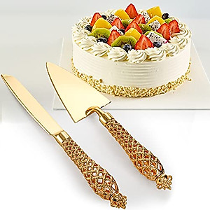 yarlung Gold Cake Knife and Server Set, Elegant Wedding Cake Cutting Serving Set with Luxurious Handle, Pie Cutter Spatula Utensils for Birthday Party Events, Valentine's Day Gift