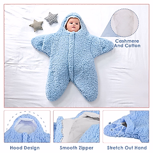 Unisex Baby Wearable Sleeping Bag Cashmere Cotton Starfish Fleece Newborn Wrap Blanket Sack Dibiao Breathable Bag Sleeper for 0-6 Months Baby Boys Girls (vlight Blue)