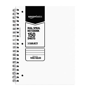 Amazon Basics Wide Ruled Wirebound 3-Subject 150-Sheet Notebook - Pack of 3, 10.5 x 8 Inch, Black / Red / White