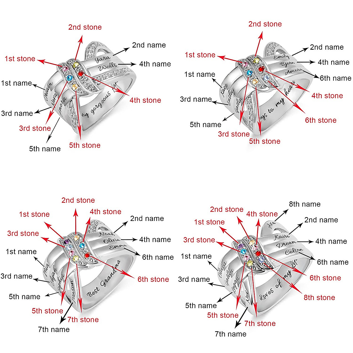 Getname Necklace Personalized 1-8 Birthstone Rings 925 Sterling Silver Heart Custom Engraved Name Ring Wedding Family Mother Days Birthday Aniversary Jewelry Gifts for Women Grandma Mom Her Daughter
