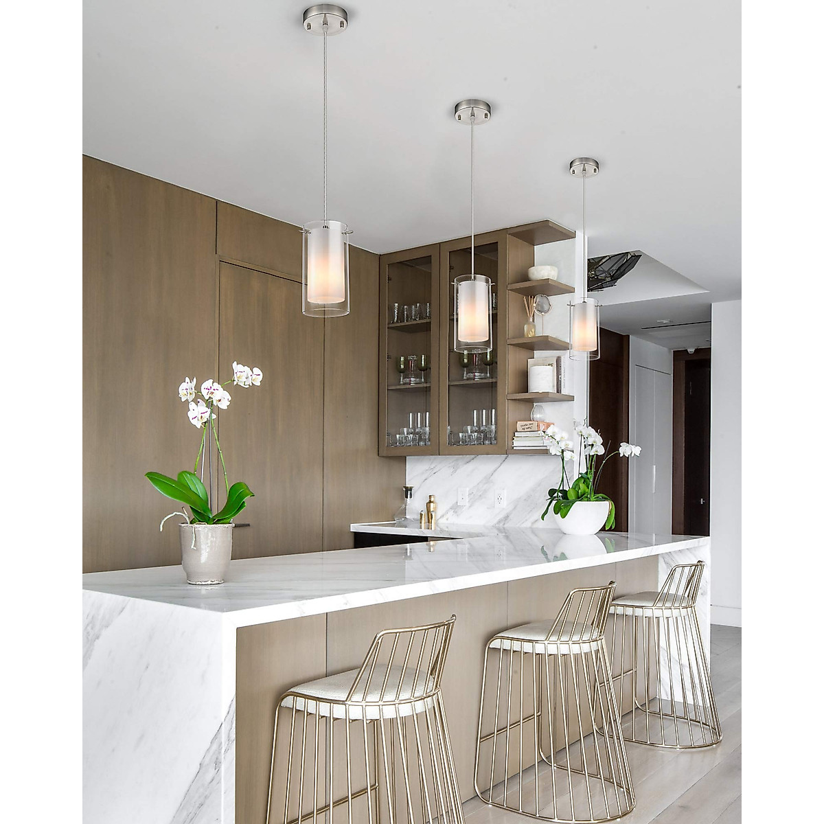 AKEZON Modern Glass Pendant Light 2 Pack, Adjustable Hanging Pendant Lighting Kitchen Lights Island Dining Room Bathroom Bar, Brushed Nickel Finish