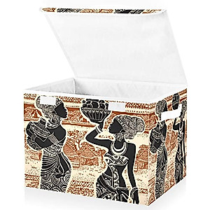 Krafig Art African Girl Foldable Storage Box Large Cube Organizer Bins Containers Baskets with Lids Handles for Closet Organization, Shelves, Clothes, Toys