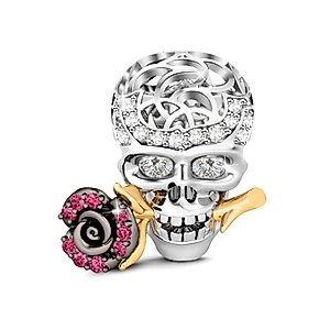 GNOCE "Skull Love Rose Charm Bead Sterling Silver Skull Charm With CZs fit for Bracelet/Necklace Christmas Charm Gift For Wife Girlfriend Skull Lovers