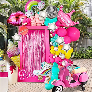 137PCS Pink Teal Balloon Garland Arch Kit with Hot Pink Silver Disco Roller Skate Balloon for Priness Theme Birthday Party Girl Summer by Beach Pool party decorations