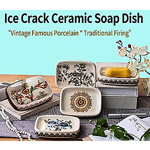 Kelake Ceramic Soap Dish, Ice Crack Ceramic Peacock and Flower Soap Dish Holder for Bathroom, Creative Porcelain Shower Soap Tray Box Bath Accessories with Two Drain Holes
