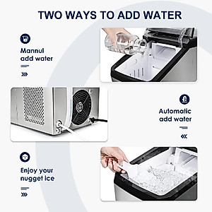 EUHOMY Nugget Ice Maker Countertop, Max 33lbs/day, 2 Way Water Refill, Self-Cleaning Pebble Ice Maker Machine with 3Qt Reservoir, Ice Makers Countertop Ideal for Home, Office, Bar, and Party. (Silver)