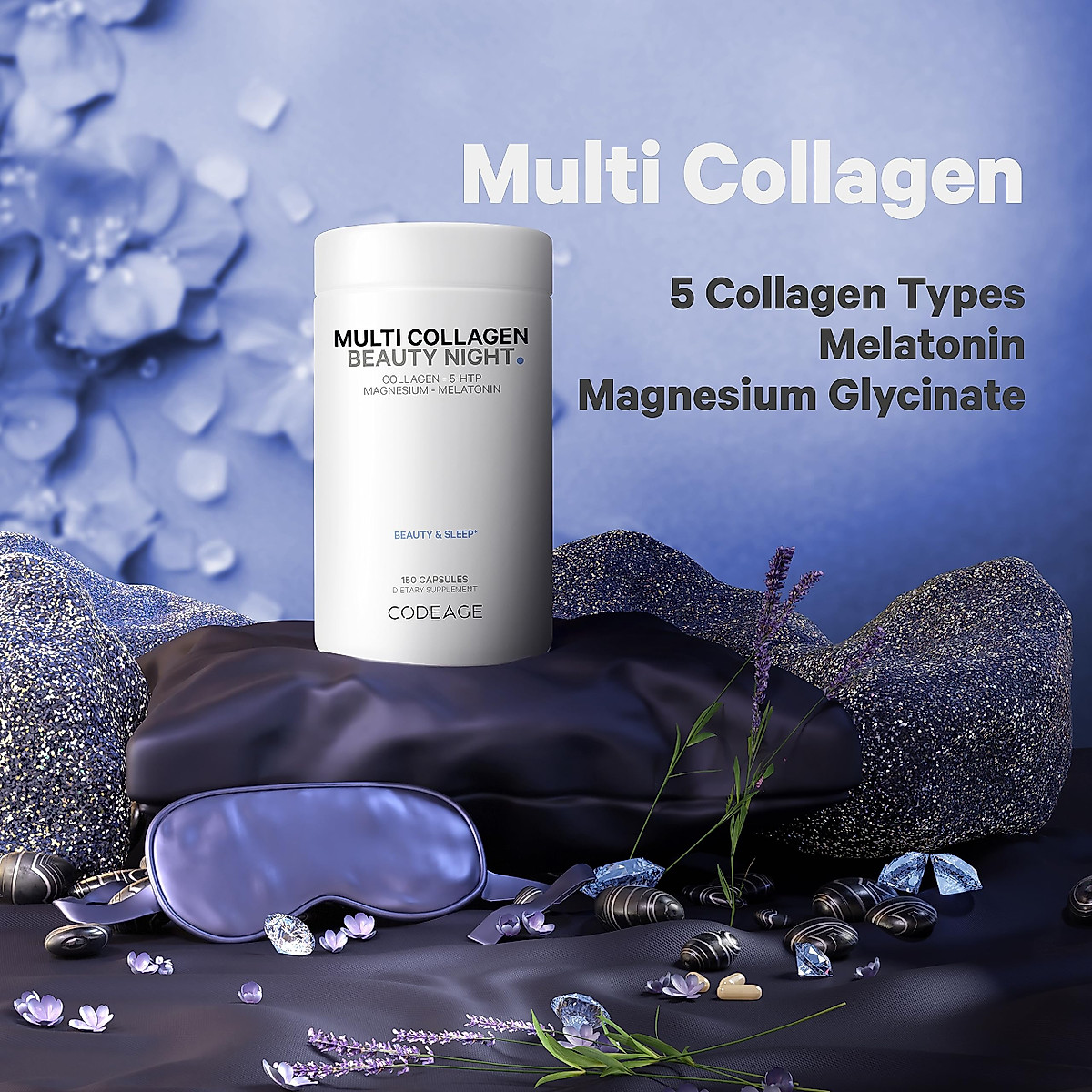 Codeage Multi Collagen Protein Beauty Night - Melatonin, Magnesium Bisglycinate, 5-HTP, L-Theanine, English Lavender Flower, Bone Broth - Vitamins - Supplement - Sleep Pills - Non-GMO - 150 Capsules