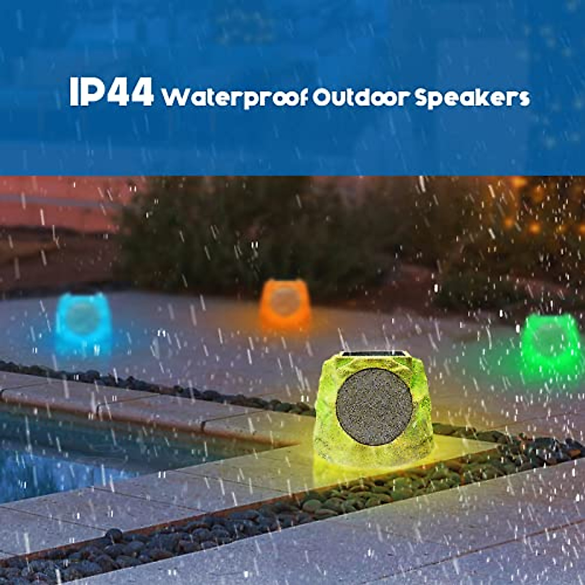 Rock Speakers Outdoor Waterproof Wireless Bluetooth Solar Powered Outdoor Rock Speaker Rechargeable Battery Bluetooth Rock Speakers with 7 Light Colors for Patio Party Pool Garden - 2PC