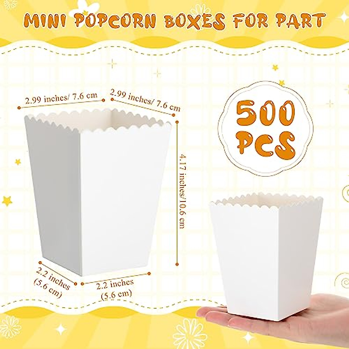 Dandat 500 Pcs White Popcorn Boxes Mini Paper Popcorn Box Cardboard Popcorn Containers for Party Movie Night Birthday Wedding Decoration(2.2 x 4.2 x 3 in)