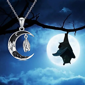 Flpruy Bat Crescent Moon Necklace 925 Sterling Silver Gothic Pendant Black CZ Mountain Necklace Jewelry for Women