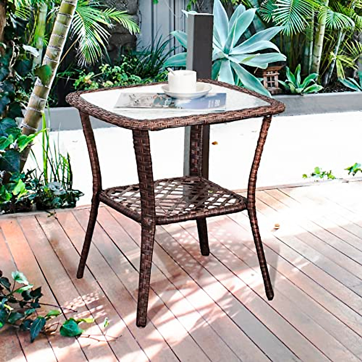 DIMAR GARDEN Outdoor Side Table Wicker Patio Coffee Table with Glass Top and Storage Shelf,Mixed Brown