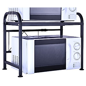 Expandable Microwave Shelf Rack Unit Kitchen Storage Stand Countertop Organizer w/ 4 Hooks 2-Tier Steel (L16.1"~26"x Depth13.58"x Height Clearance 14") for Toaster, Max Load 83lbs, Matte Black