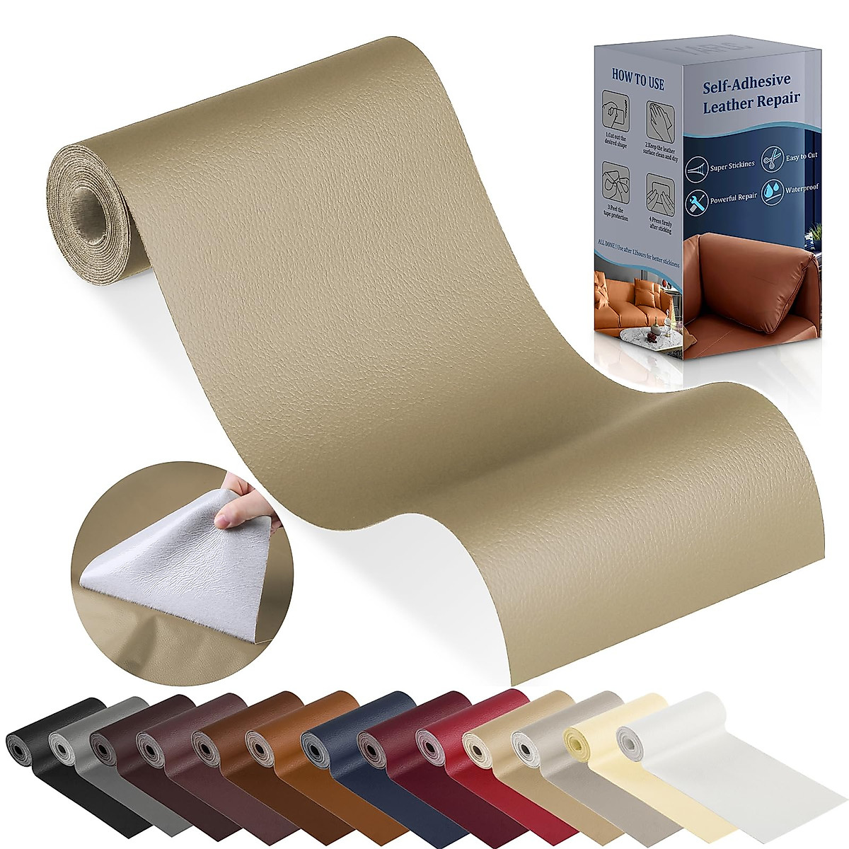 YAFCL Leather Repair Patch for Furniture, 4" x 63" Leather Repair Tape self Adhesive, Leather Repair Patch for couches car seat Sofa Jackets Handbags Medium Beige