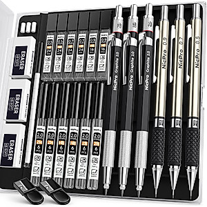 Nicpro 6PCS Art Mechanical Pencils Set, 3 PCS Metal Drafting Pencil 0.5 mm & 0.7 mm & 0.9 mm & 3 PCS 2mm Graphite Lead Holder (2B HB 2H) For Writing, Sketching Drawing With 12 Tube Lead Refills Case