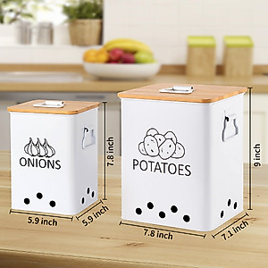 Potato and Onion Storage Bin, Set of 2 Vegetable Storage Tins with Wooden Lids & Side Handles, Dual-row Ventilation Holes, Farmhouse Metal Kitchen Canisters Sets, White