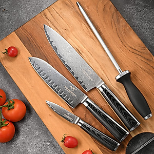 Chefs Knife Set with Gift Box, 4 Pieces Damascus Kitchen Knife Set, VG10 Steel Professional Knife Sets for Chefs, Knife Set with Non-slip Micarta Handle, Knife Sharpener and Chefs Knife