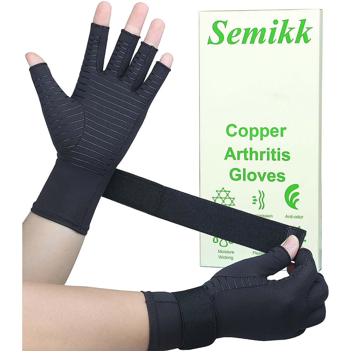 Semikk Copper Arthritis Gloves with Adjustable Wrist Strap for Women Men, Fingerless Compression Gloves for Arthritis, Carpal Tunnel, Pain Relief, Swelling, Rheumatoid, Typing (Large/X-Large)