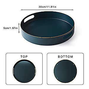 TZUTOGETHER Modern Round Decorative Tray - 11.8" Metal Coffee Table Serving Tray with Handles, Chic Vanity Tray for Ottoman, Kitchen, Bathroom, Living Room Bar and All Occasion's (Green)