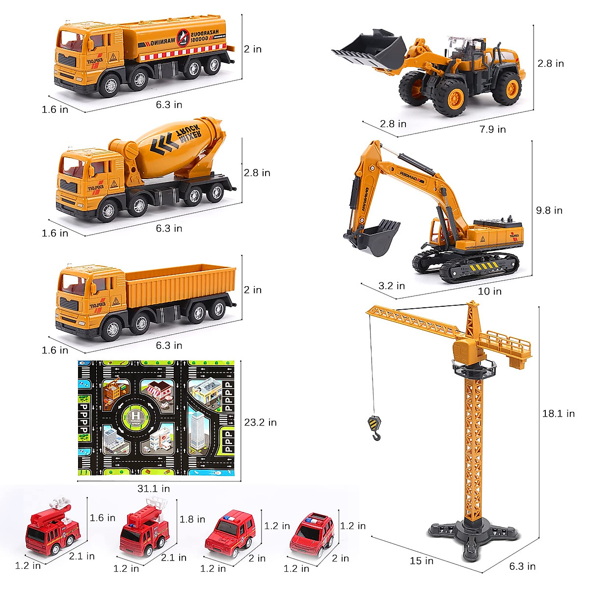 skirtoy Kids Construction Vehicles Playset with Playmat, 18" Crane Toy, 10" Excavator, Tractor, Dump Truck, Cement, 4 Firetrucks, Educational Engineering Toy Set Birthday Gift for Toddler Boy 3+
