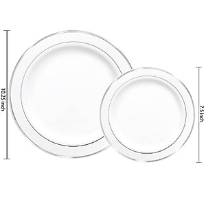 I00000 102pcs Silver Plastic Plates, Disposable Plastic Party Plates with White Silver Rim Fancy Wedding Party Plates Include 51 Dinner Plates 10.25" and 51 Dessert Appetizer Plates 7.5"