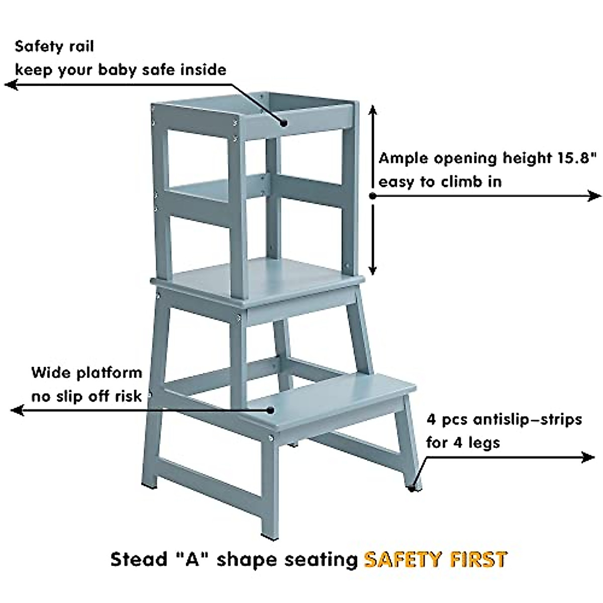 Kitchen Step Stool for Toddlers and Kids with Safety Rails for Kitchen Counter Solid Wood (Baby Blue)