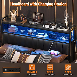 Aheaplus Headboard for Full Size Bed Frame, Upholstered Headboards with Outlets, USB Ports and LED Light, Leather Head Board with Storage, Height Adjustable, Comfortable Headboard, Full Size, Black