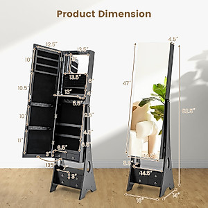 LOKO Freestanding Jewelry Cabinet with LED Light Strip, Lockable Jewelry Armoire w/ 3 Adjustable Angle, Foldable Organizer Storage w/High Full Length Mirror for cloakroom bedroom living room (Black)