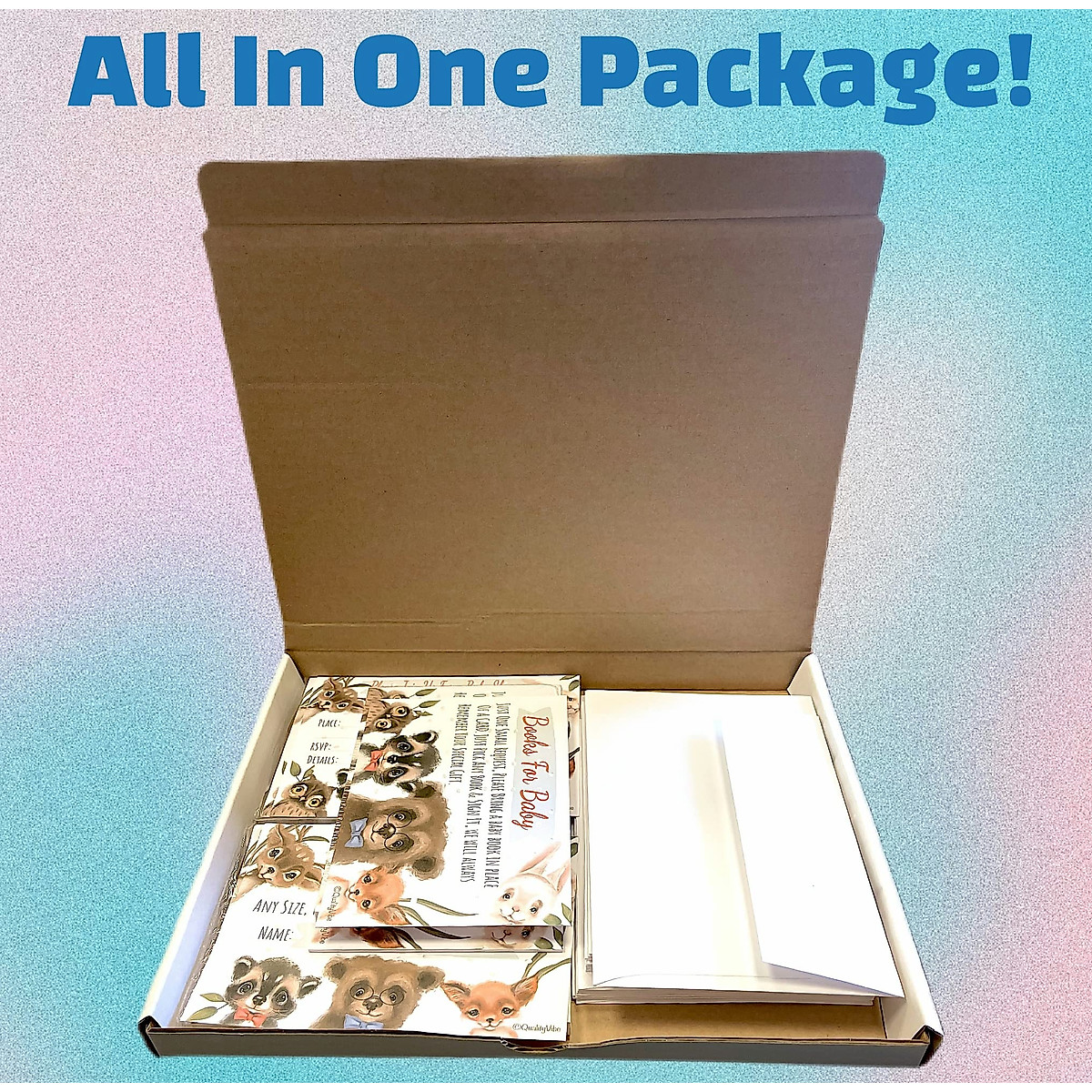 Baby Shower Invitations Woodland Creatures For Baby Boy or girl. Set Includes 25 Invites, 25 Baby Book Inserts, 25 Diaper Raffle & 25 Envelopes. Watercolor Design Bear, Racoon, Deer, Rabbit & Fox.