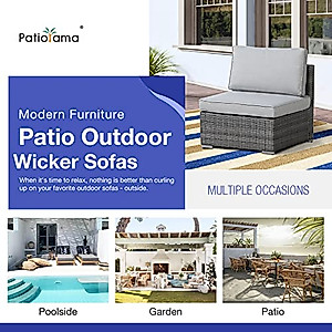 Patiorama Patio Armless Sofa, Outdoor Single Sofa, All-Weather Grey PE Wicker Rattan Sectional Sofa, Additional Chair for Furniture Set, Patio Seating for Balcony Garden Pool (Light Grey Cushion)