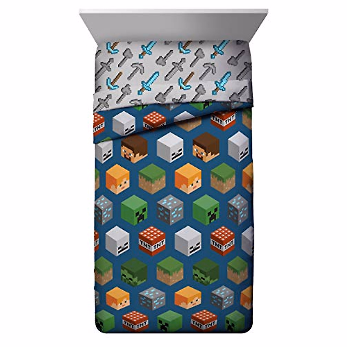 Minecraft Isometric Characters Twin Comforter - Super Soft Bedding Features Creeper - Fade Resistant Polyester Microfiber Fill (Official Minecraft Product)