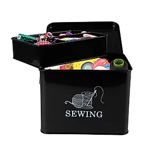 Xbopetda Metal Sewing Box, Sewing Kit Storage Box, 2-Tier Sewing Basket with Removable Tray, Sewing Supplies Organizer, Sewing Storage Box for Sewing Accessories, Scissor, Thread, Pins, Clips (Black)
