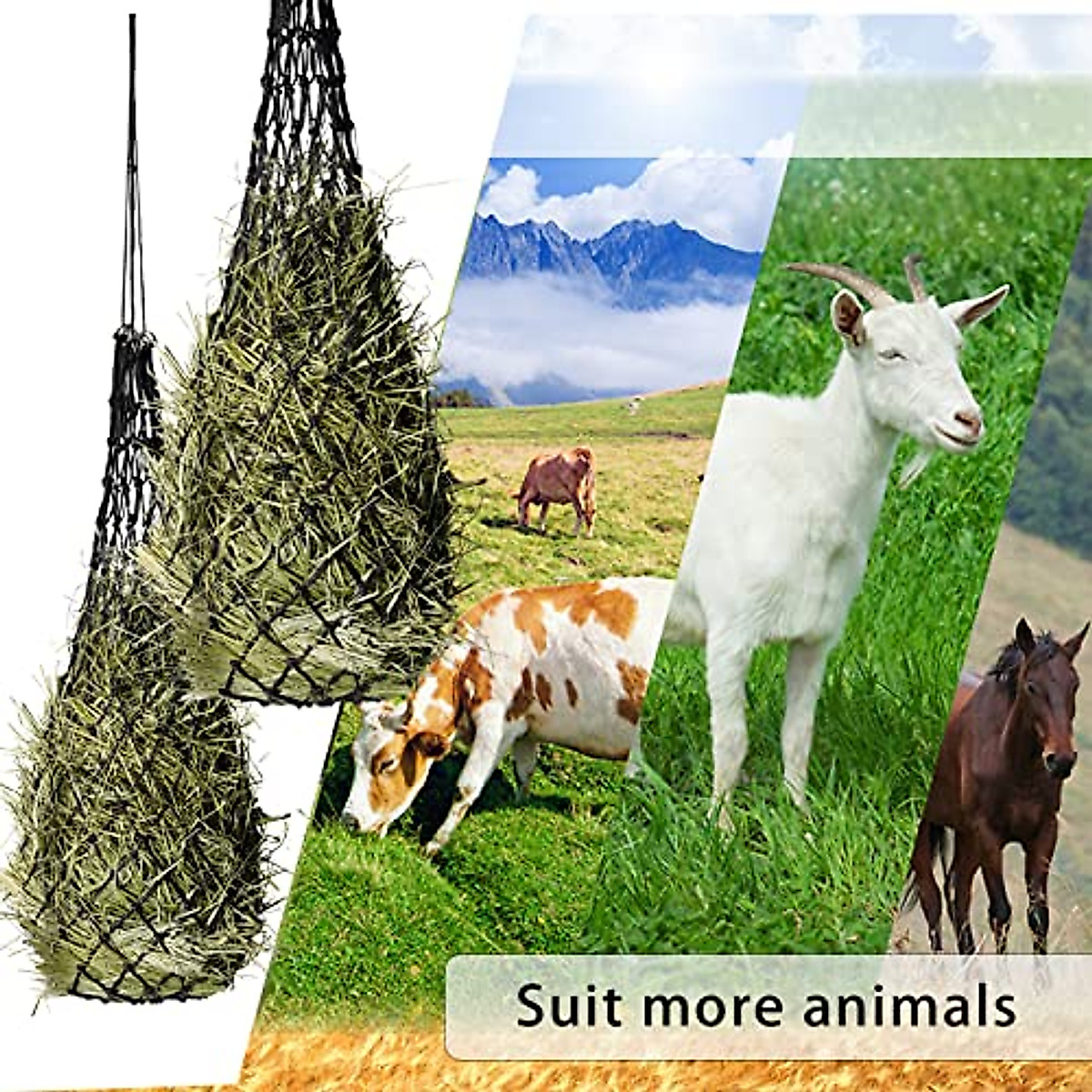 Woiworco 2 Packs Slow Feed Hay Net for Horses, 40 inch Length 2 x 2 inch Holes Goat Hay Feeder, Adjustable Nylon Hanging Hay Bags for Horse Goat Feed, Horses Stall and Trailer, Reduce Waste