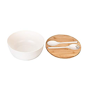 GEHE Bamboo Salad Bowl with Servers Set - Large 9.8 inches mixing bowls Solid Bamboo Salad Wooden Bowl with Bamboo Lid Spoon for Fruits,Salads and Decoration (White, 9.8INCH)