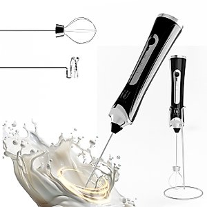 Rechargeable Handheld Milk Frother - Electric Foam Maker - Portable Coffee Frother Wand with 2 Heads - Stainless Steel Electric Whisk for Coffee, Latte, Cappuccino, Macchiato, Hot Chocolate (Black)
