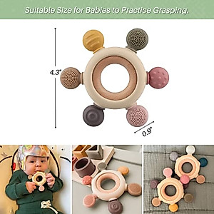 Baby Teething Toys, Silicone Chewable Rings with Organic Wooden, Natural Wooden Ring & Silicone Teething Toys for Newborn, 3+ Months (6 Directions, Khaki)