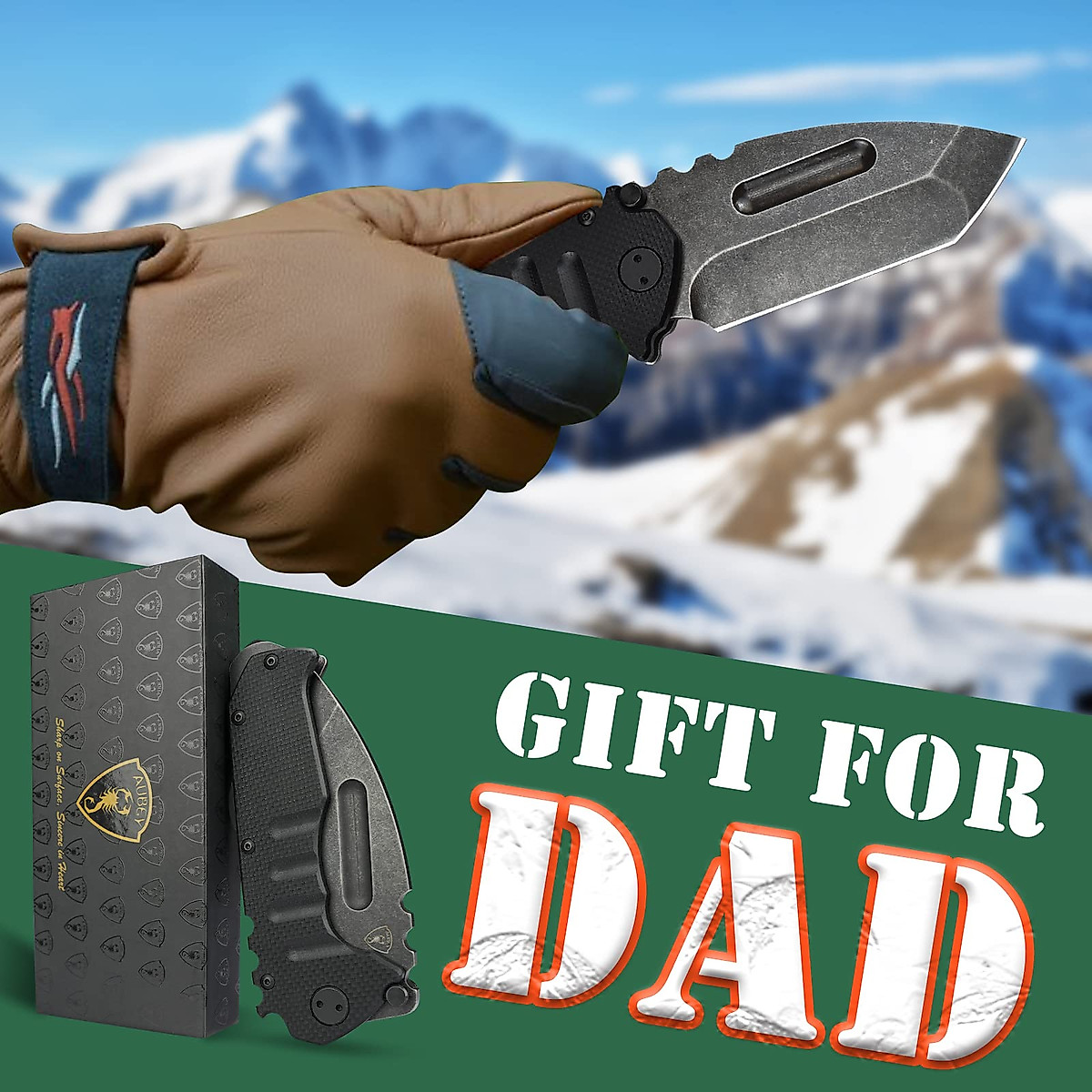 AUBEY Folding Pocket Knife with Tanto Tumbled Black 440C Steel Blade, Liner Lock, G10 Steel Handle, Clip, Glass Breaker, EDC Tool Knife for Men Hunting, Magic Axe