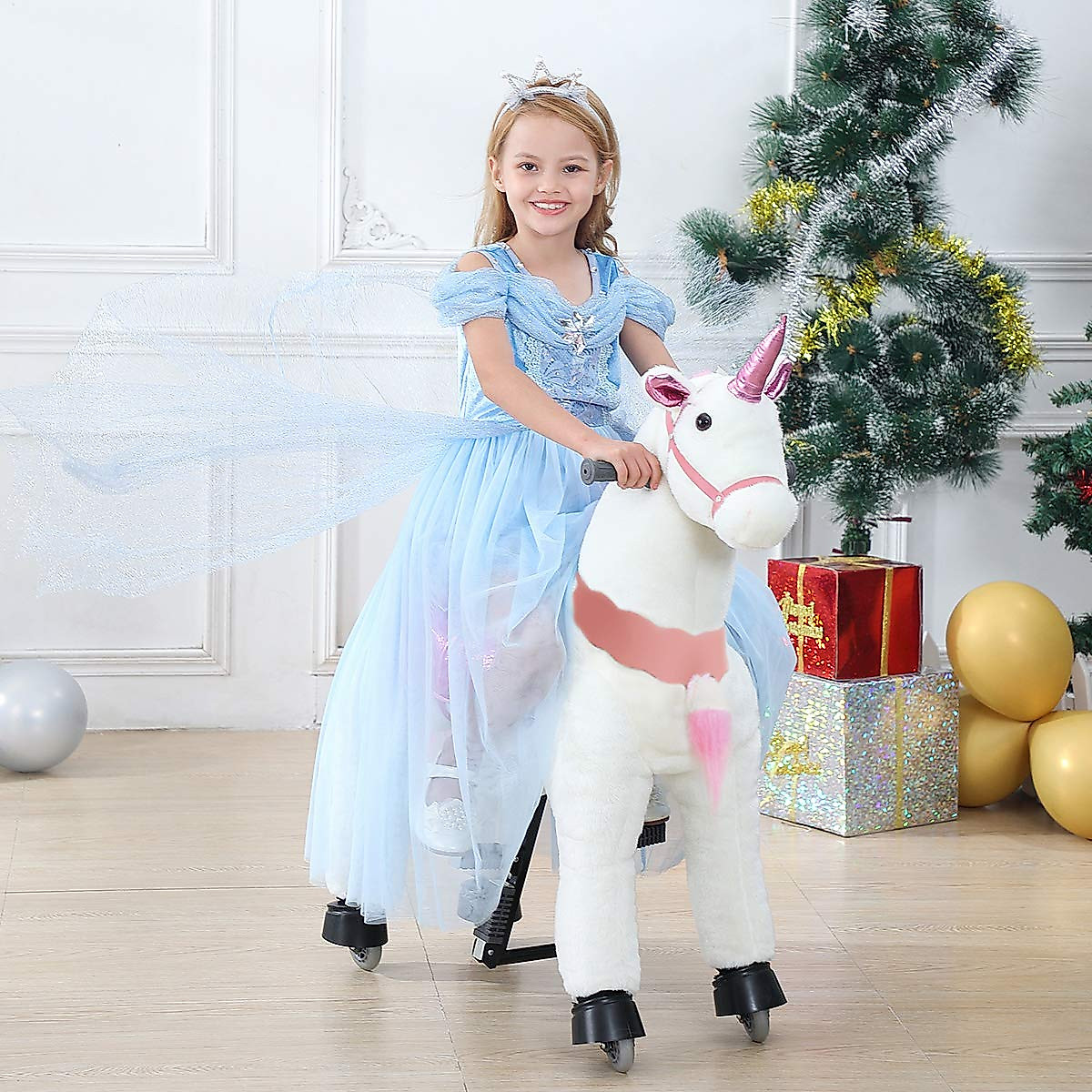 PONYEEHAW Ride on Unicorn Toys, Kids Riding Unicorn Toys Ride on Toys for 6-14 Years Old, Premium Plush Animals Toys Walking Unicorn with Wheels (White and Pink, 31.5" L x 13" W x 36.2" H)