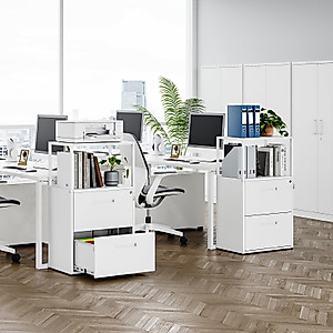 MIIIKO 2 Drawer File Cabinet with Lock and Open Shelf, White Metal Lateral Filing Cabinets Home Office, Tier Shelf Drawers Storage for Letter, Legal, A4 Folders, Books, Stationery Printers