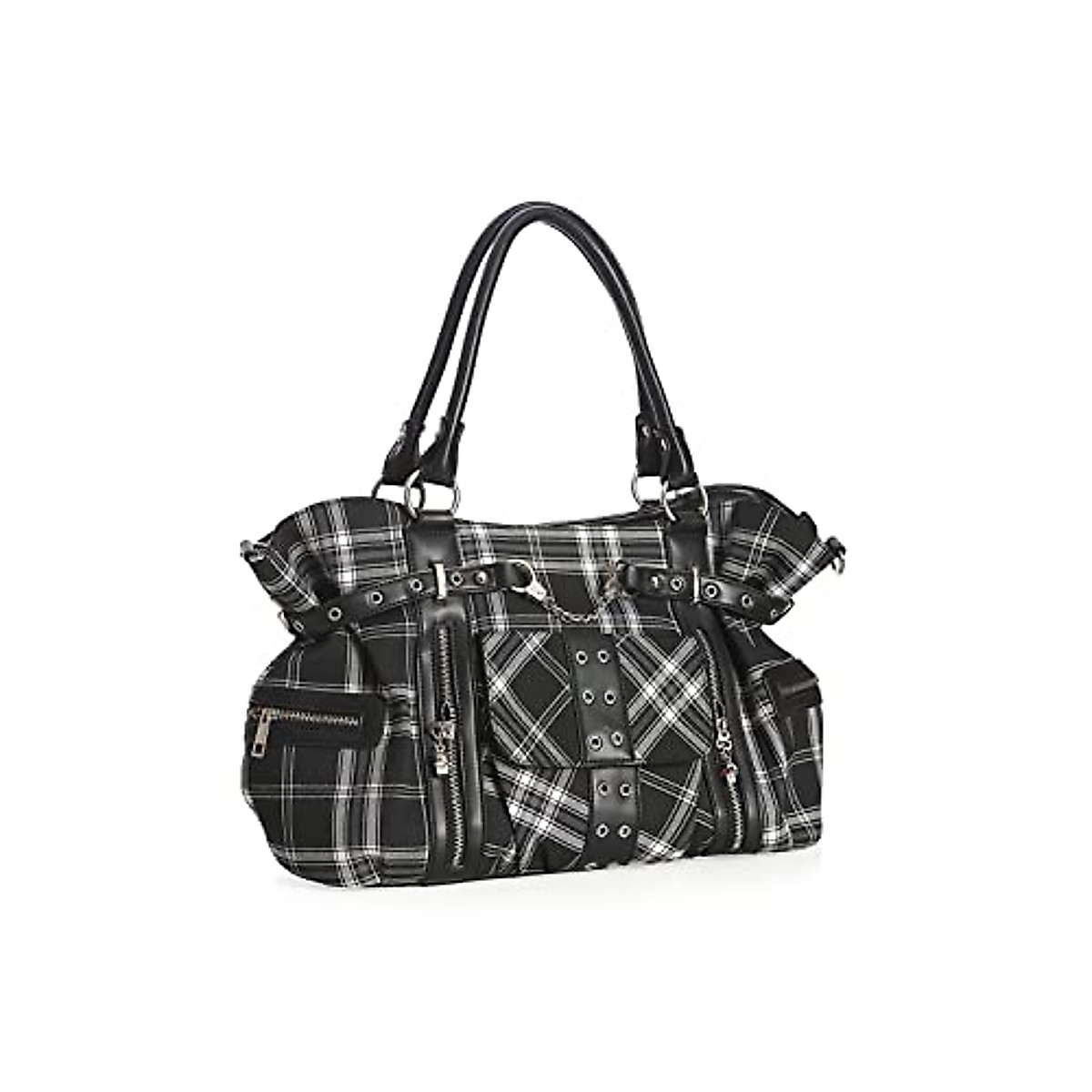 Rise Up Handcuff Goth Punk Rock Black and White Plaid Tartan Tote Crossbody Bag Women's Purse