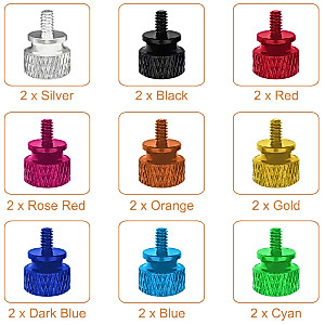 DKARDU Computer Case Thumbscrew, Anodized Aluminum (6-32 Thread) M3.5 for PC Cover/Power Supply/PCI Slots/Hard Drives, Colorful Aluminum Alloy Knurled Thumbscrew, 18 PCS