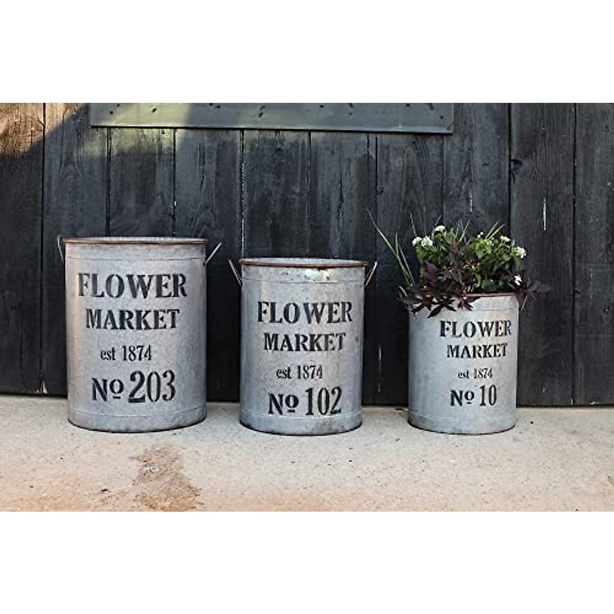 Creative Co-Op Decorative Round Metal Buckets with Handles and "Flower Market" Message, Set of 3 Sizes, Distressed Silver