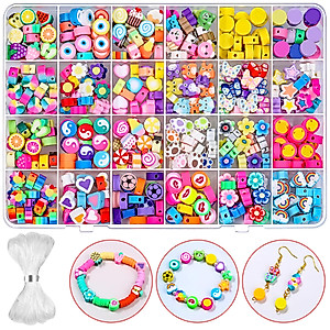 480 Pcs Fruit Flower Polymer Clay Beads, 24 Styles Trendy Cute Smiley Bead Charms for Bracelets Jewelry Necklace Earring Making with Elastic String