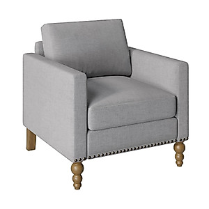 LCMKR Classic Linen Armchair Accent Chair with Bronze Nailhead Trim Wooden Legs Single Sofa Couch for Living Room, Bedroom, Balcony, Light Gray