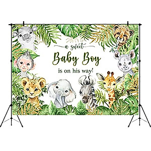 Aperturee 7x5ft Jungle Safari Animals Baby Shower Backdrop Baby Boy is On His Way It's a Boy Photography Background Green Leaves Photo Booth Studio Cake Table Banner Party Decorations Props Supplies