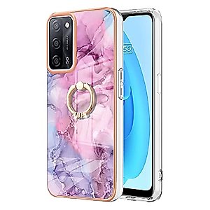 ONV Silicone Case for Oppo A55 5G - Phone Case with Luxury Glitter Metal Ring Marble Painted Stand Case TPU Bumper Protect Cover for Oppo A55 5G / Oppo A53S 5G / Oppo A54 4G / Oppo A16 [Ring] -Pink