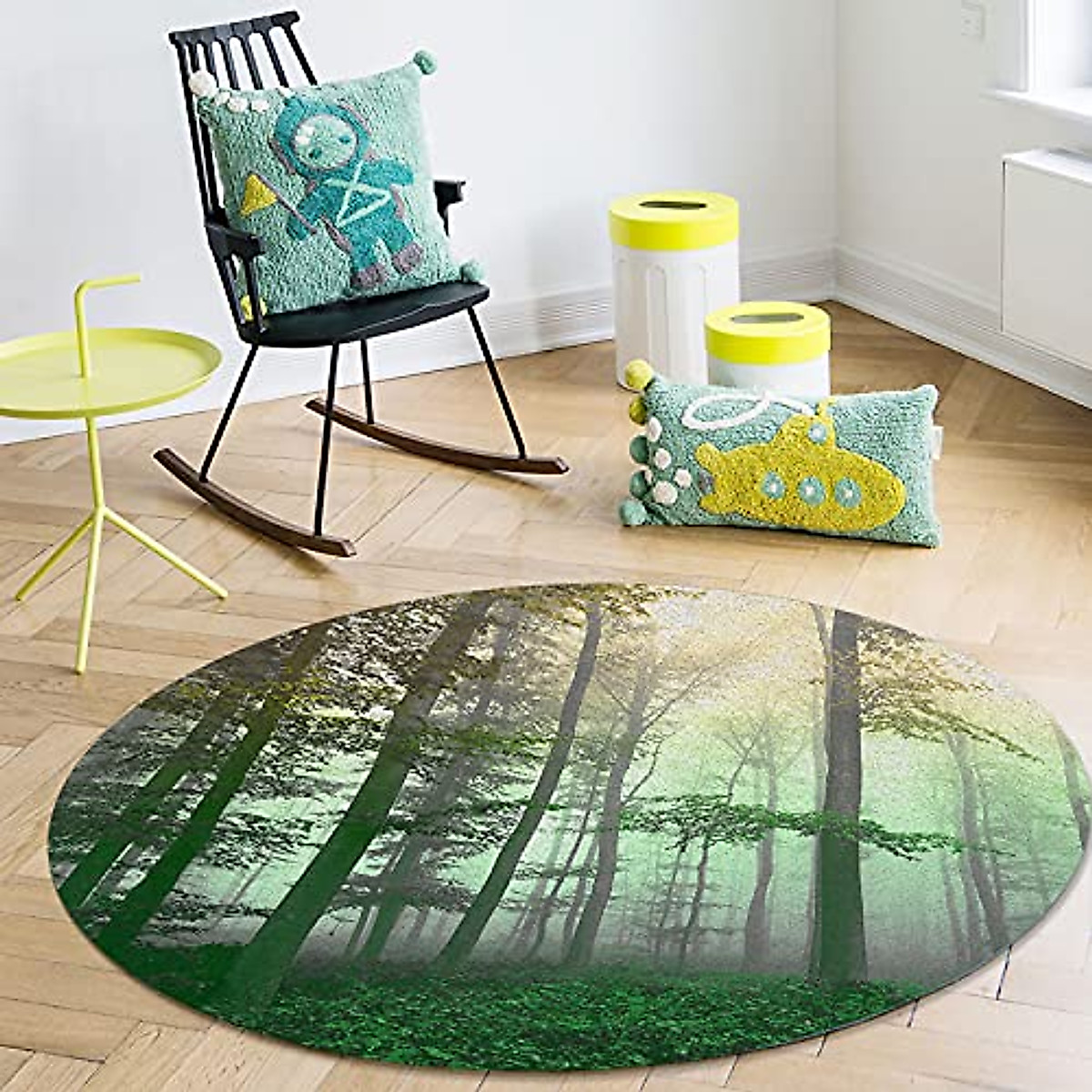 Ombre Yellow and Green Nature Forest Tree Fog Round Area Rugs Collection 5', Forest Fantasy Fog Magic Woodland Indoor Circular Throw Runner Rug Floor Mat Carpet for Living Room Bedroom Nursery Decor