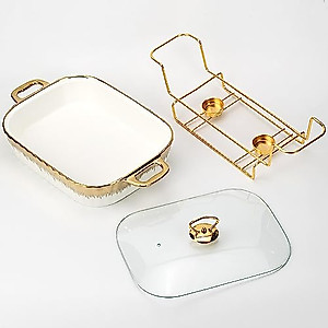 Rectangular Porcelain Casserole Warming Trays for Food, Ceramics Chafers, and Buffet Warmers Sets, Gold Plating Serving Dishes (Large 2.4 quarts)